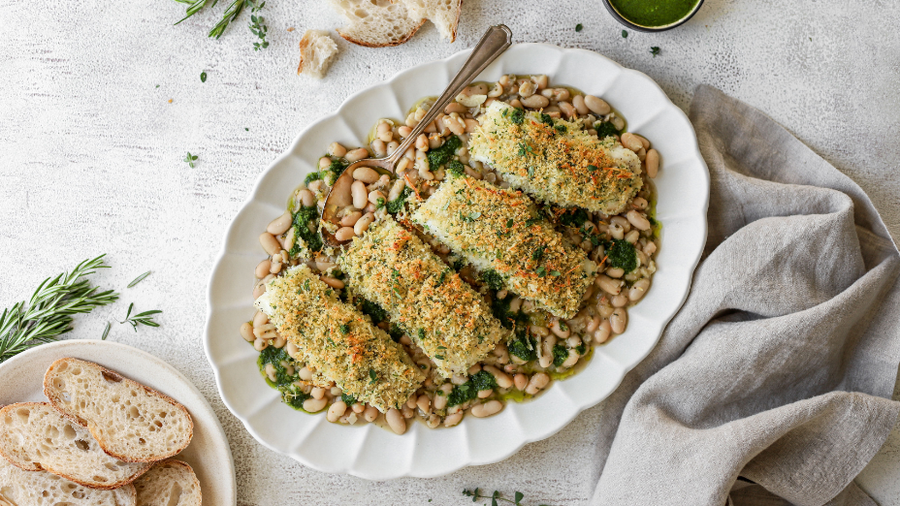 Parmesan Herb Baked Halibut with Herbed White Beans and Gremolata ...